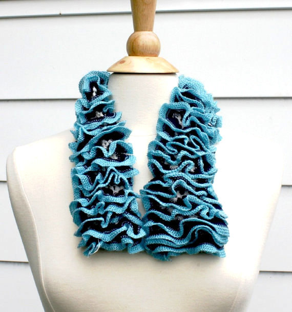 Knit Scarf Scarflette Cowl Ruffle Blue White on Luulla